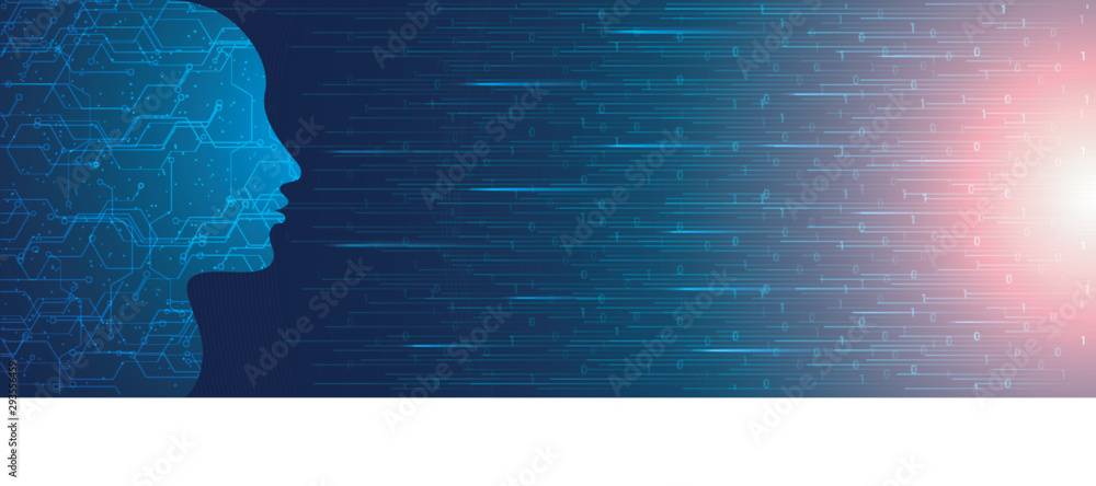 Human face made by digital circuit on binary coded background for ...