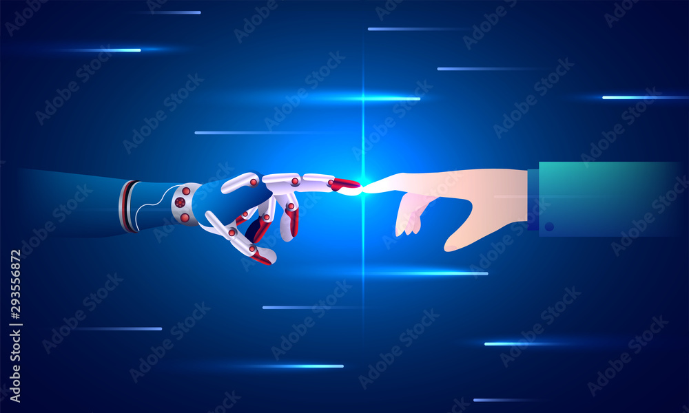 Isometric illustration of robotic hand and human hand connecting in a ...