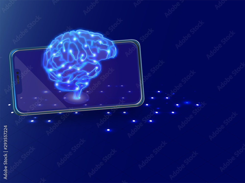 Isometric illustration of human brain with digital connection on ...