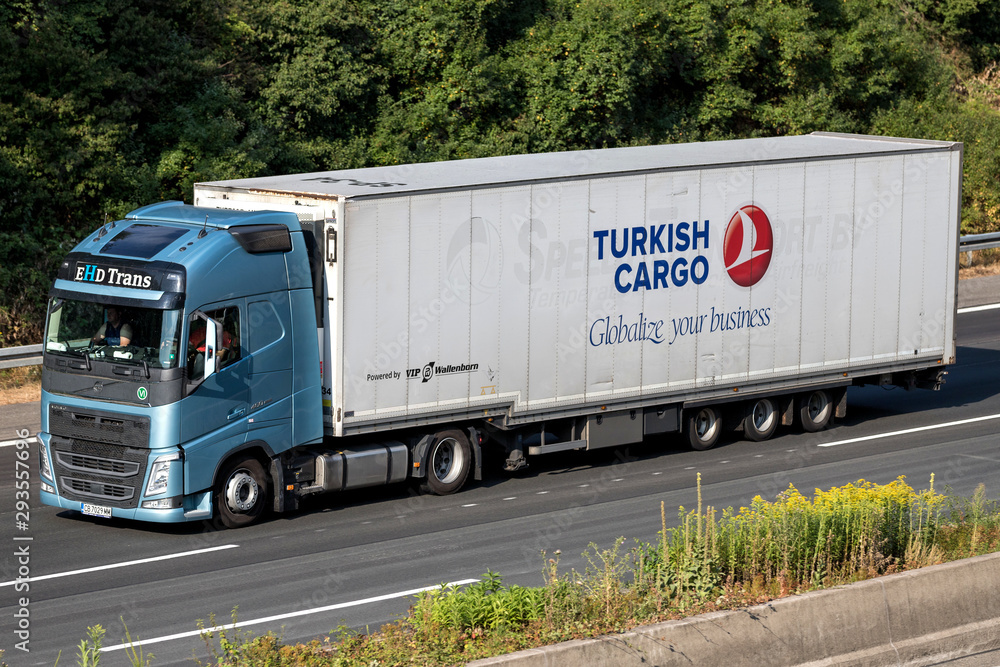 COLOGNE, GERMANY - JULY 13, 2018: Turkish Cargo truck on motorway ...