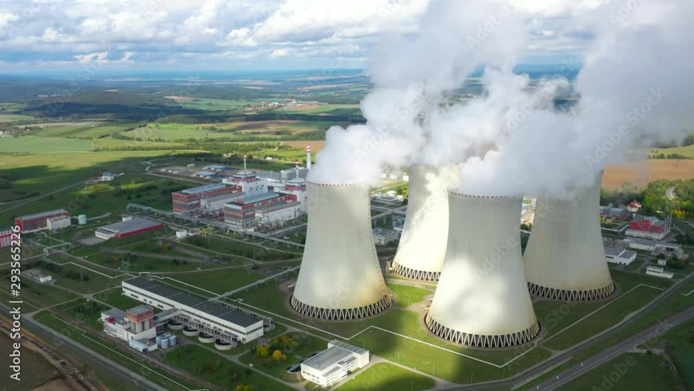 Aerial view to nuclear power plant. Atomic power stations are very ...