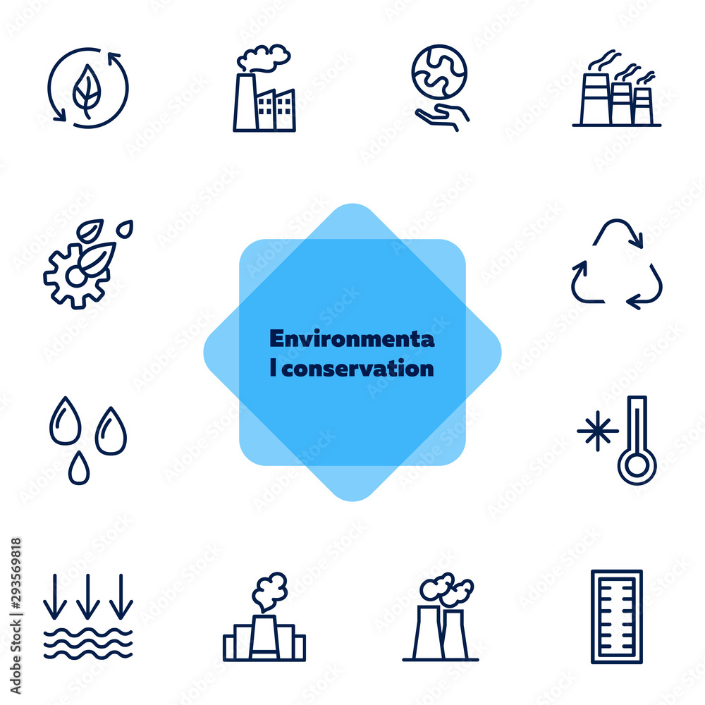 Environment protection line icon set. Factory, recycling, water drops ...