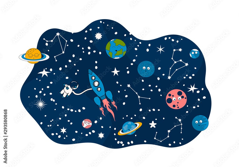 Cartoon space frame with spaceship and astronaut, earth, moon, planets ...
