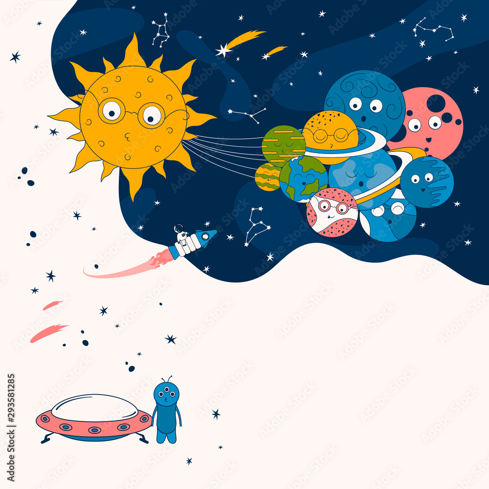 Cartoon solar system border with cute earth, saturn, sun and planets ...