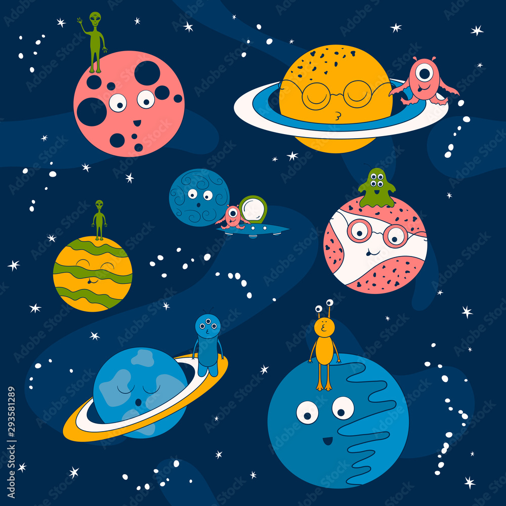 Cartoon pattern with aliens on a spaceship and planets in space ...