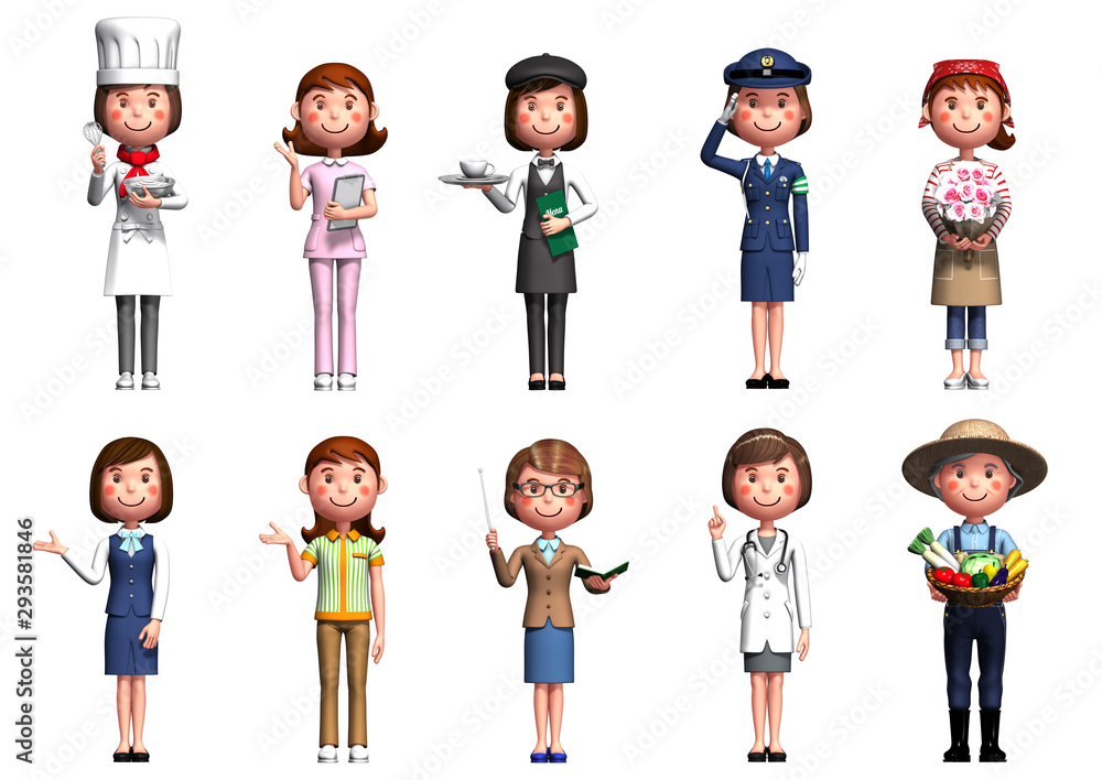 10 types of female profession illustrations in 3d render Stock ...