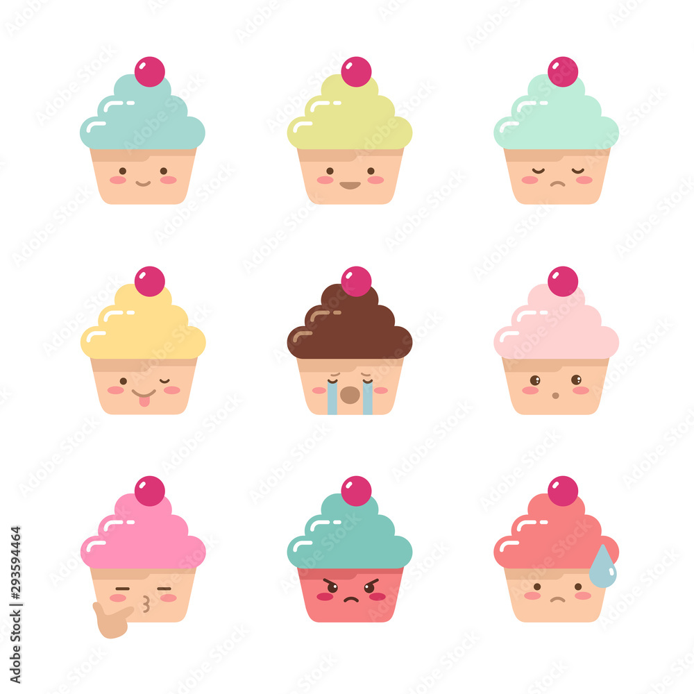 Collection of various cute kawaii cupcake characters with face ...