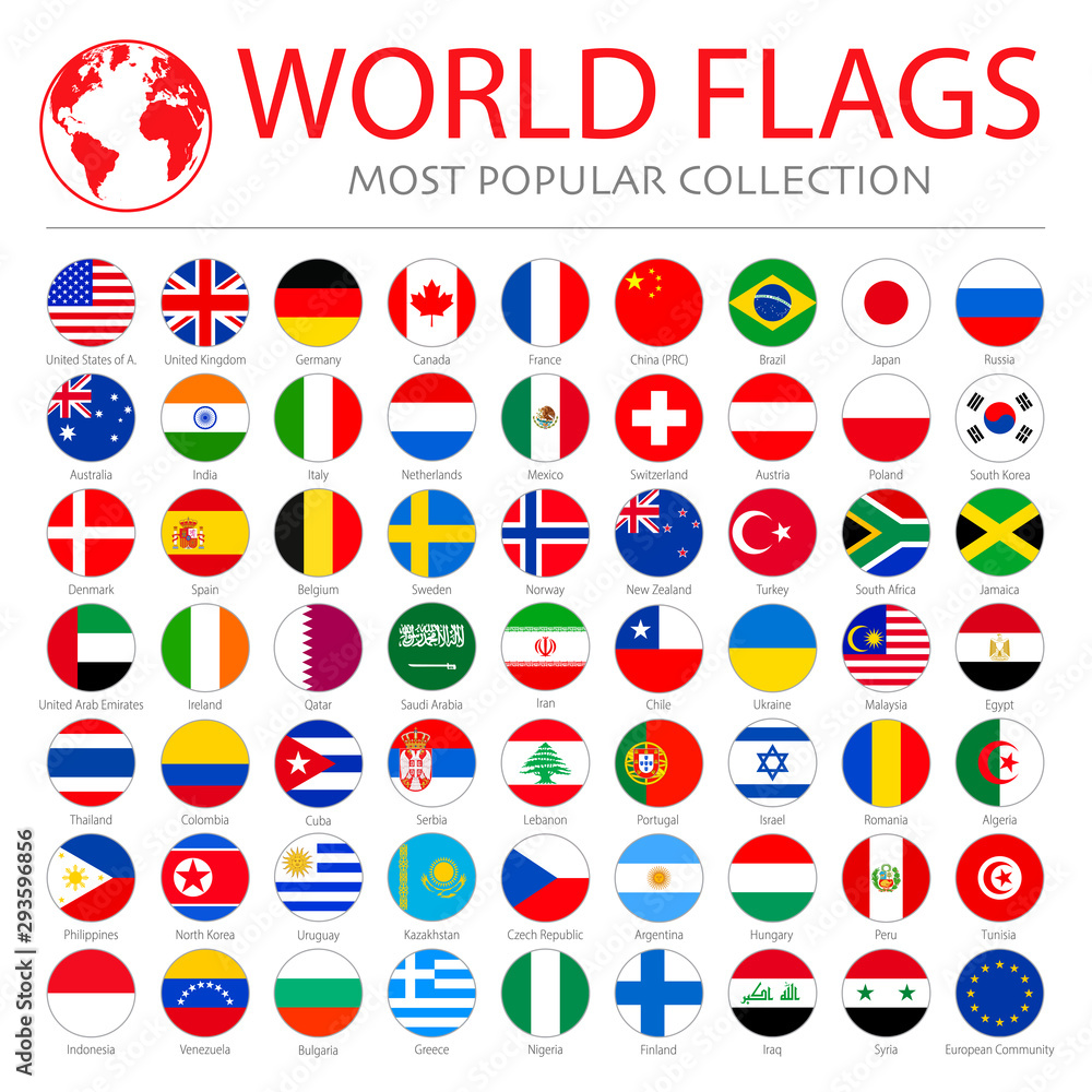 World flags vector collection. 63 high quality clean round icons ...