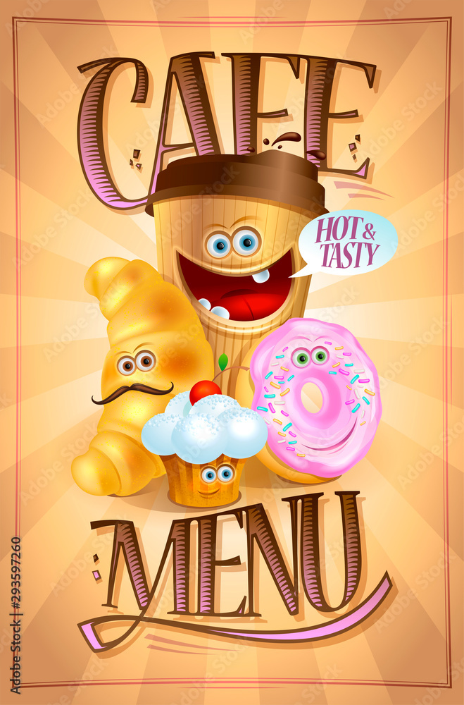 Cafe menu board design with coffee, croissant, muffin and donut symbols ...