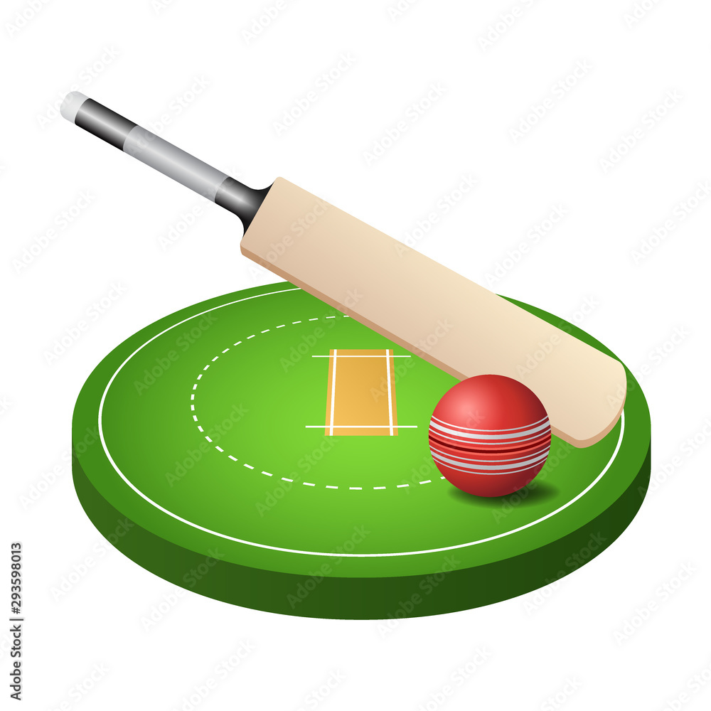 3d cricket field with green grass, red ball and bat icon isolated on ...