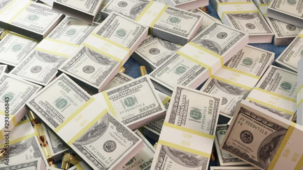 A lot of dollar bills in one heap along with gangster mafia bullets ...