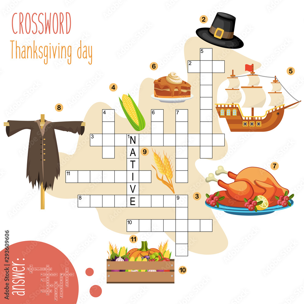 Easy crossword puzzle 'Thanksgiving day', for children in elementary ...