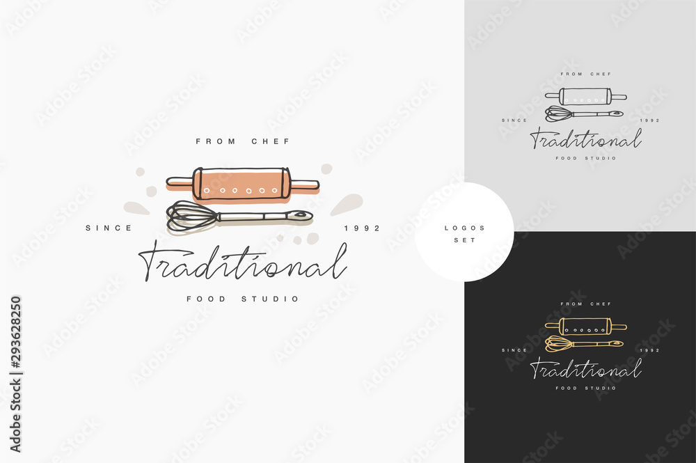 Cooking class linear design elements, set of kitchen emblems, symbols ...