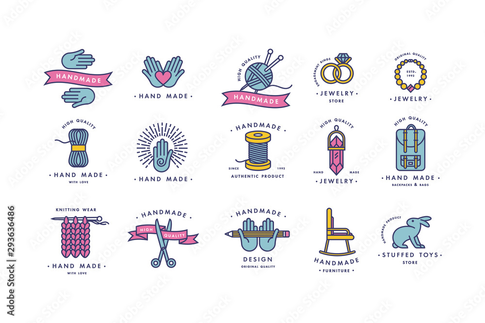 Handmade colorful line logos set. Handmade linear badges or handmade ...