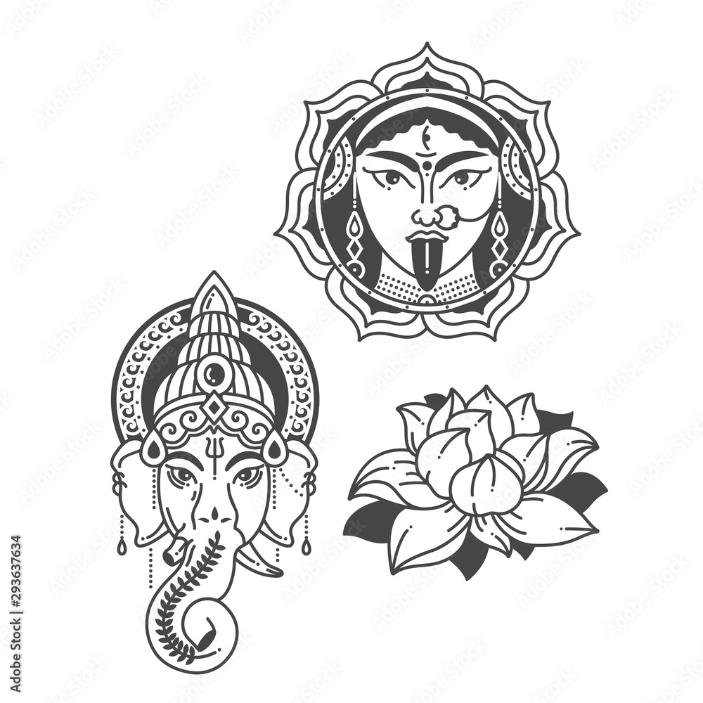 Vector illustration of goddess Durga and indian god symbol elephant ...