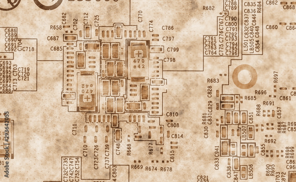 Old schema computer, retro electronic circuit board background and ...