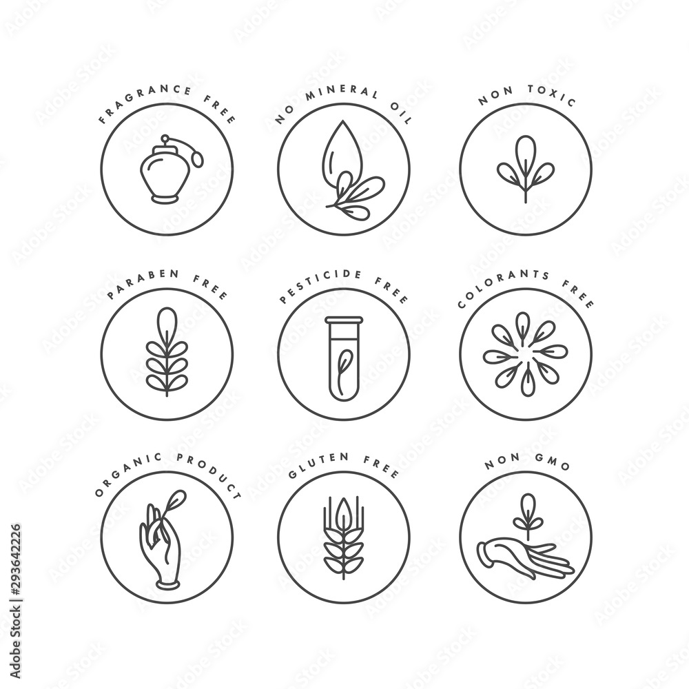 Vector set of logos, badges and icons for natural and organic products ...