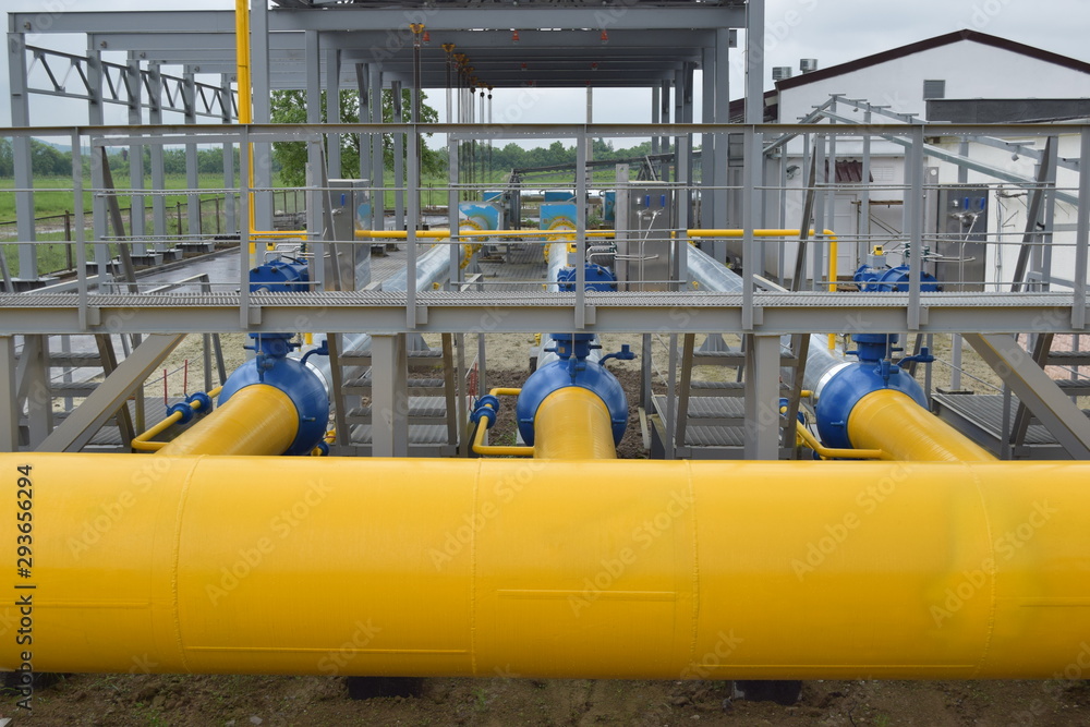 Oil and gas industry, High-pressure gas pipeline, blue and yellow ...