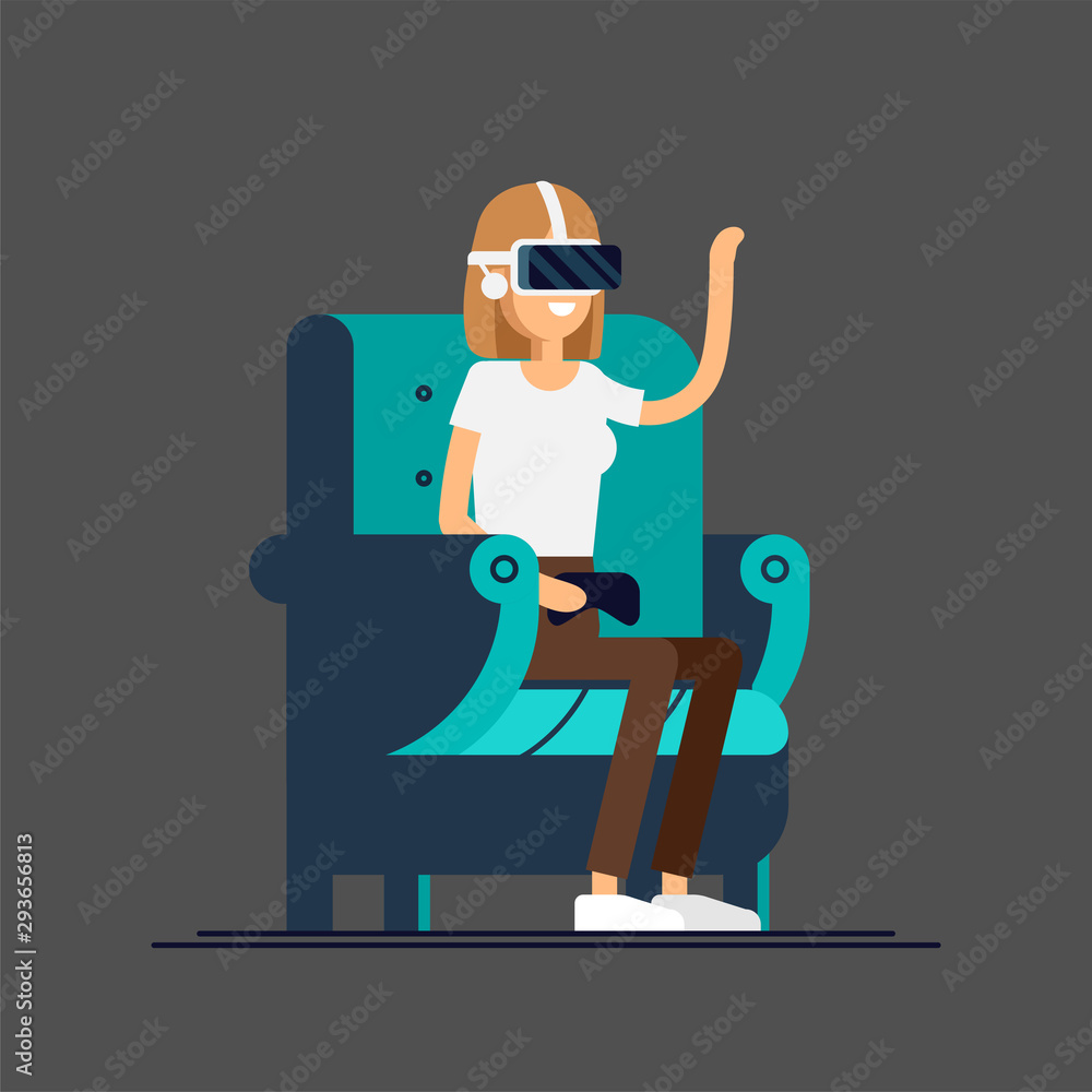 Girl having a good time sitting in armchair wearing virtual reality ...