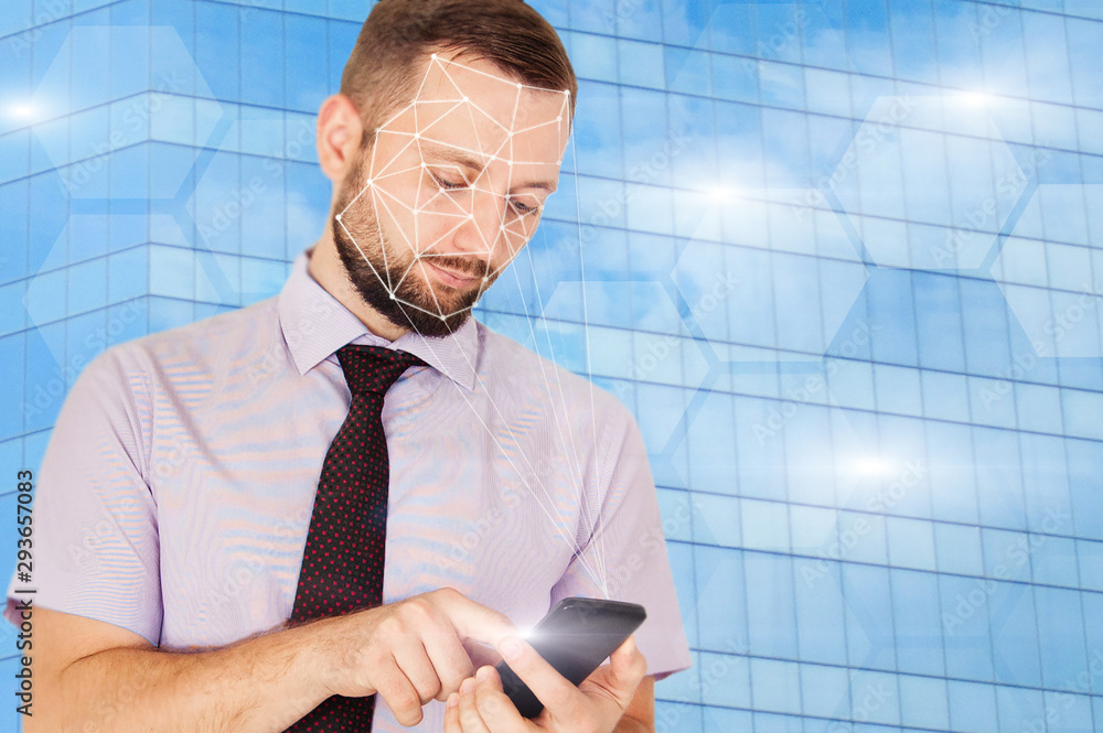 Face identification or iris authentification in smartfone. Young ...