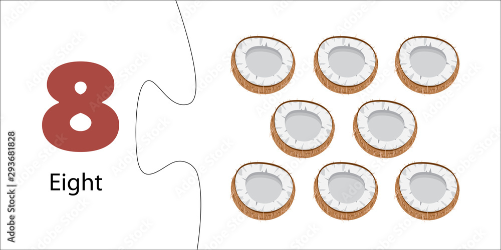 Number 8 and eight coconuts. Mathematics for children, preschoolers. Puzzle game, educational ...