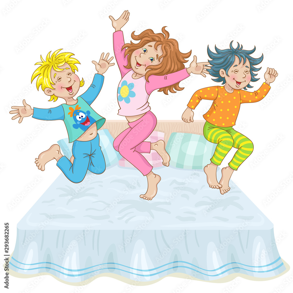 Pajama party. Three funny little child in pajamas are jumping on the ...