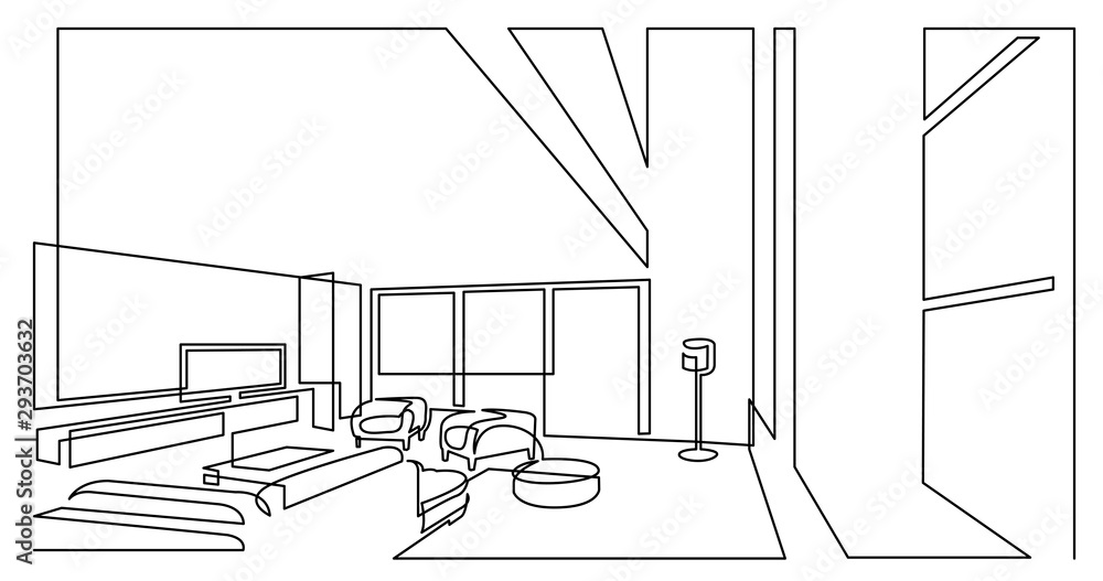 continuous line drawing of large spacious living room area with flat ...