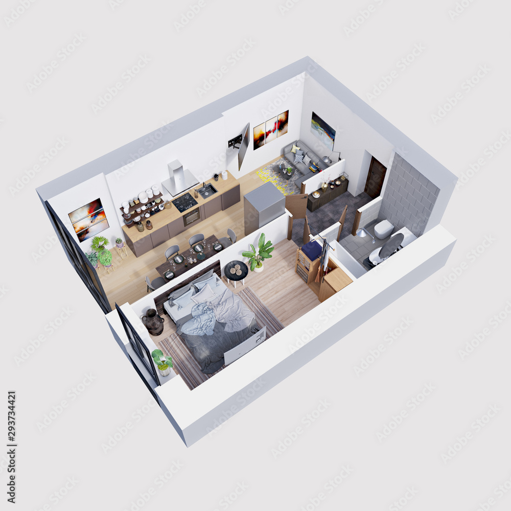 3d render plan and layout of a modern one bedroom apartment, isometric ...