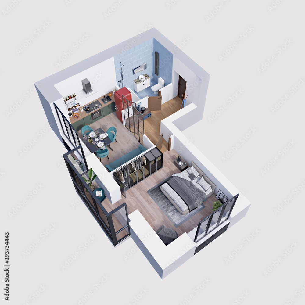 3d render plan and layout of a modern one bedroom apartment, isometric ...