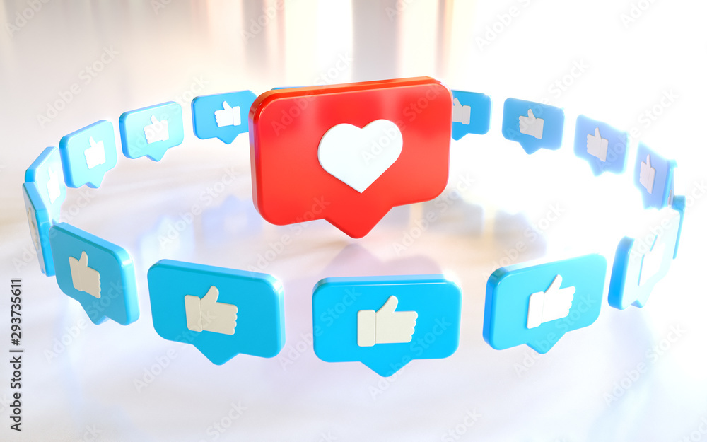 3D Social Media Network Love and Like Heart and thumbs up Icon ...