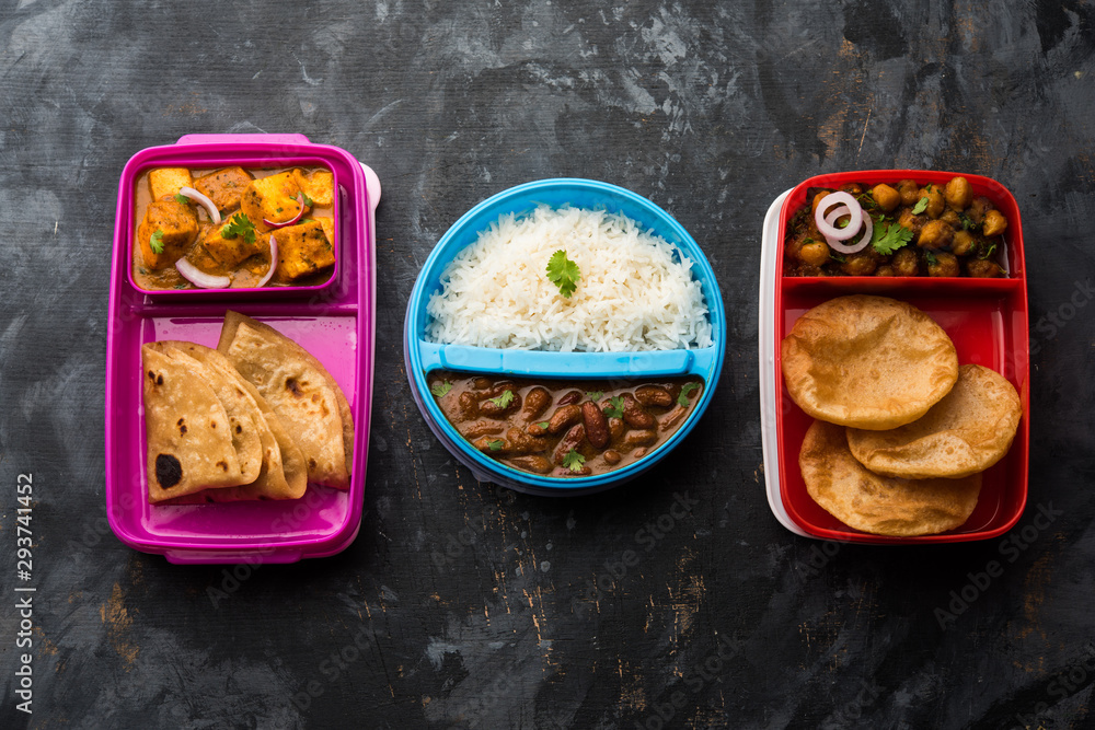 Group of North Indian Food in Tiffin / Lunch Box includes Rajma / Razma ...