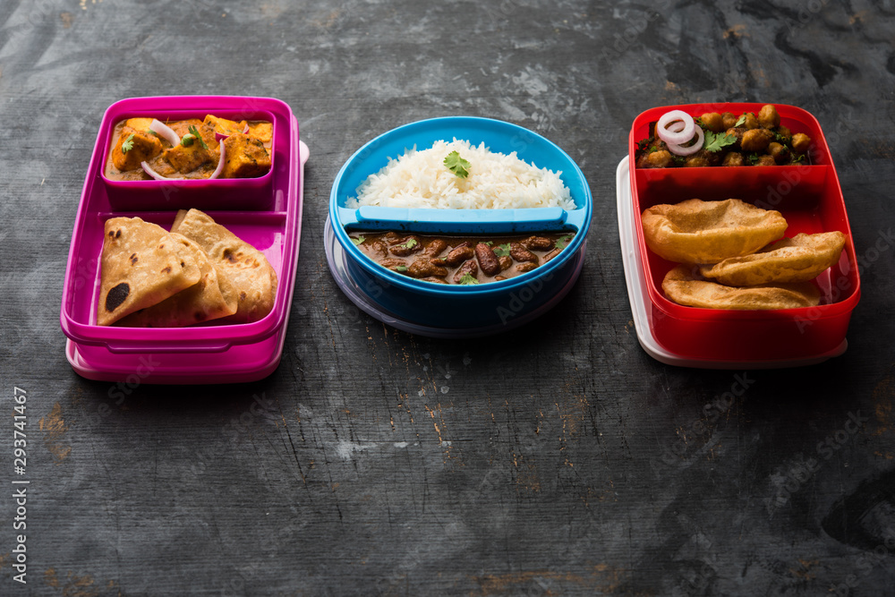 Group of North Indian Food in Tiffin / Lunch Box includes Rajma / Razma ...