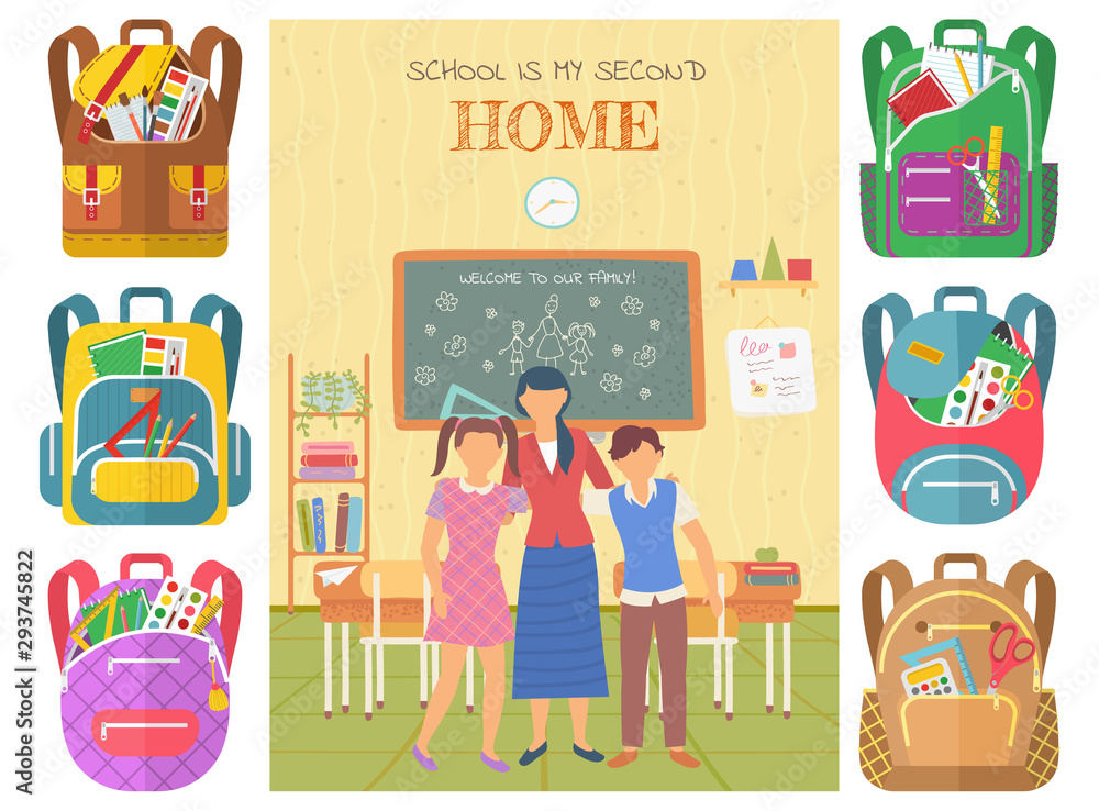School is my second home postcard decorated by stickers of backpack ...