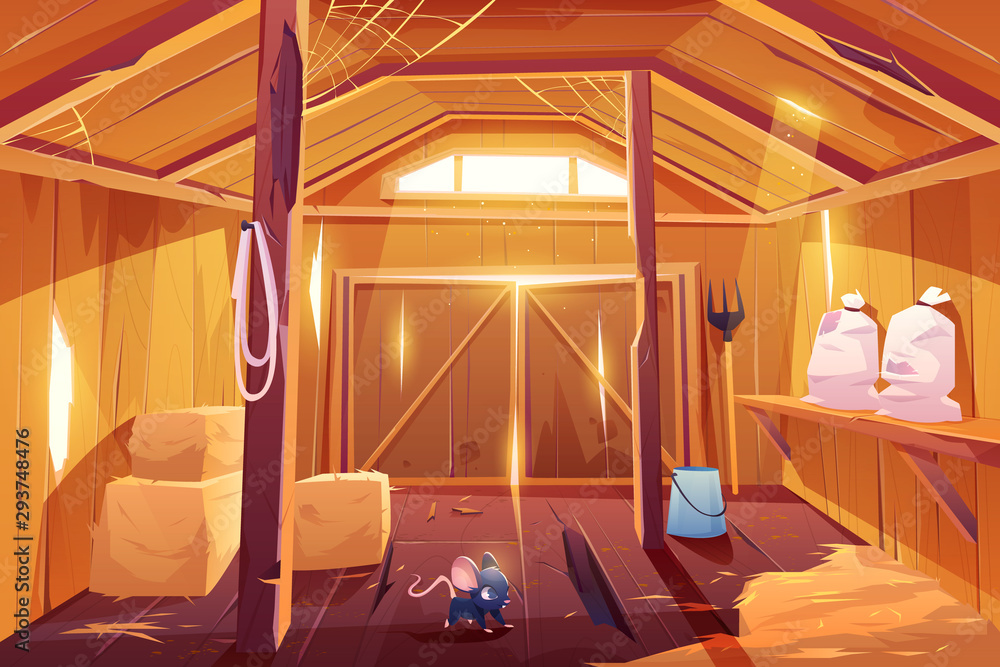 Mouse in farm barn house. Fieldmouse rodent in wooden ranch interior ...