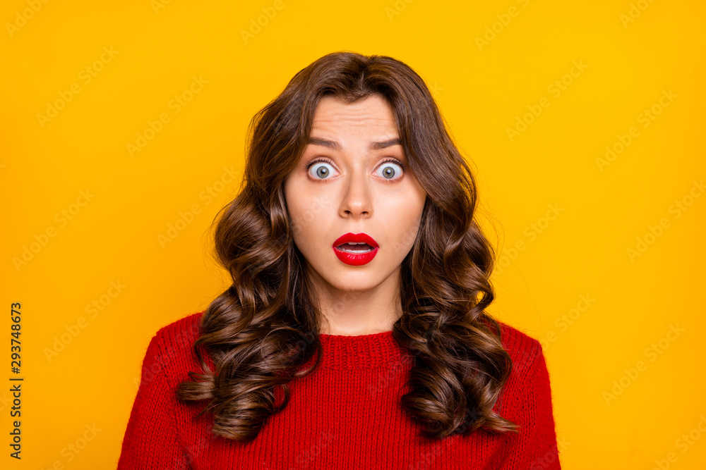 Photo of curly wavy feared terrified horrified astonished girlfriend emotional with frightful ...