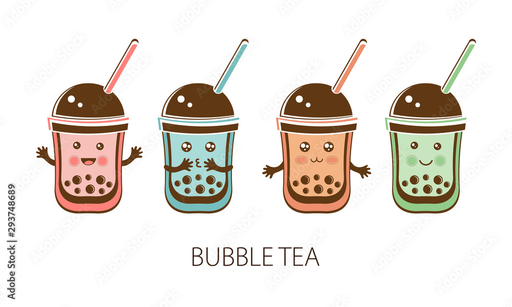Set cute kawaii character black Tapioca pearls. Bubble tea. Cartoon vector illustration of ball ...