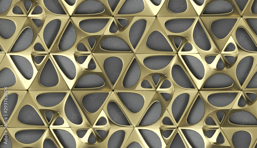 3D Wallpaper Geometric golden frame module on gray perforated ...