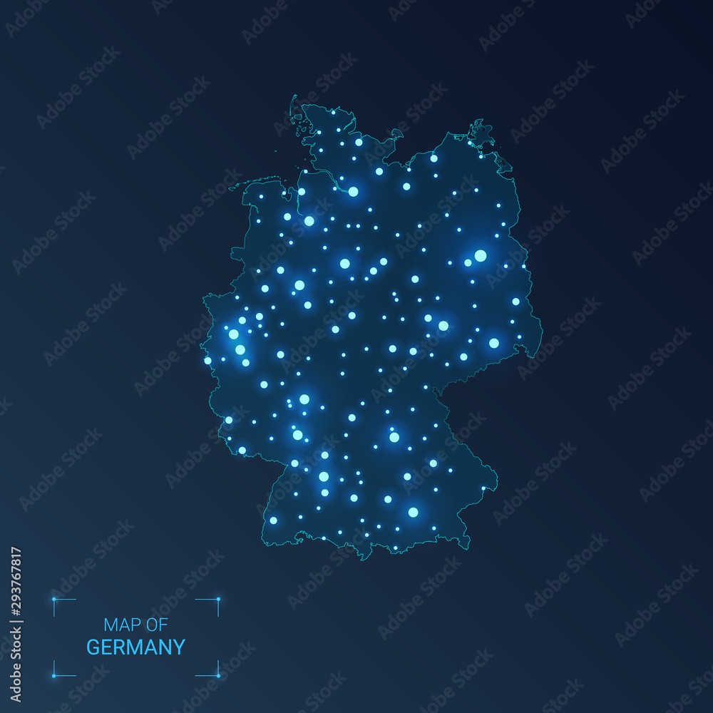 Germany map with cities. Luminous dots - neon lights on dark background ...