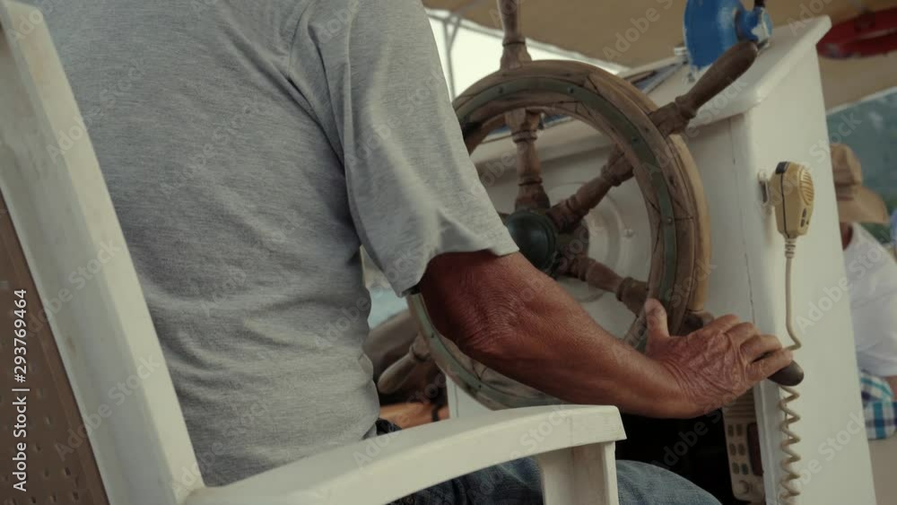 Close Up Steering Wheel On Sea Trips And Adventures Vessel.Captain ...