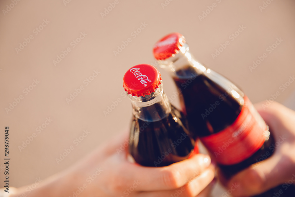 Moscow, Russia - June 27, 2019: clink drink Coca Cola glass bottle in ...