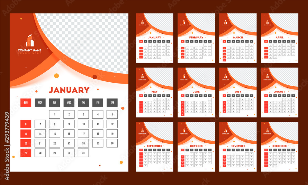 Complete set of 12 months, yearly calendar design with space for your ...