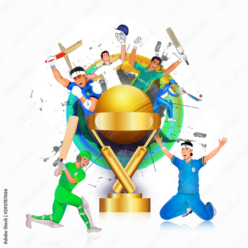 Realistic golden champion trophy with illustration of cricket players ...