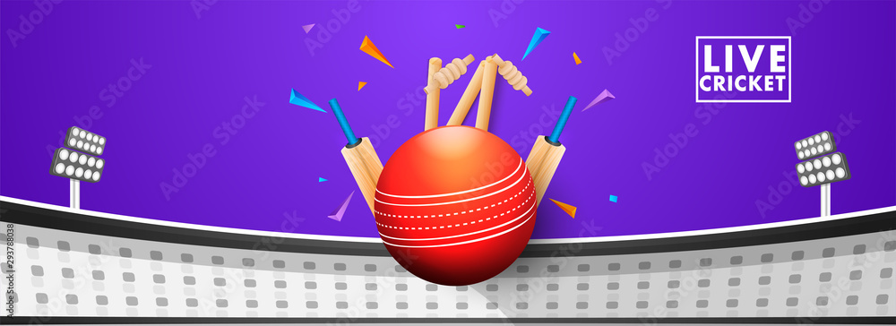 Live cricket header or banner design with illustration of bats and ball ...