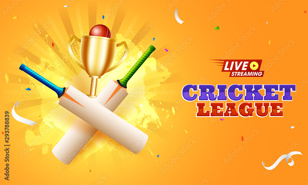 Golden winning trophy with cricket bat and ball on yellow background ...