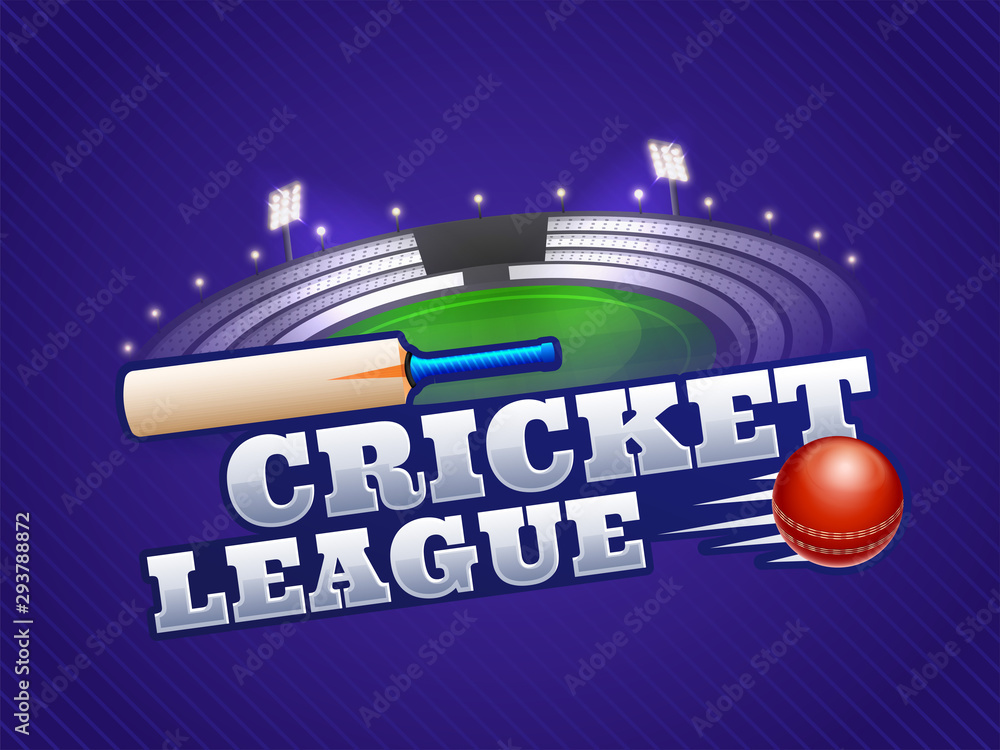 Cricket Stadium night light view background with bat and ball for ...