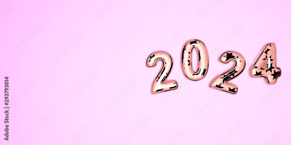 Happy New Year 2024. 3D festive illustration of pink colored glass ...