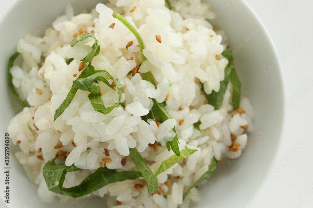 Japanese food, shirasu sardine fish and herbal shiso mixed sesame rice ...