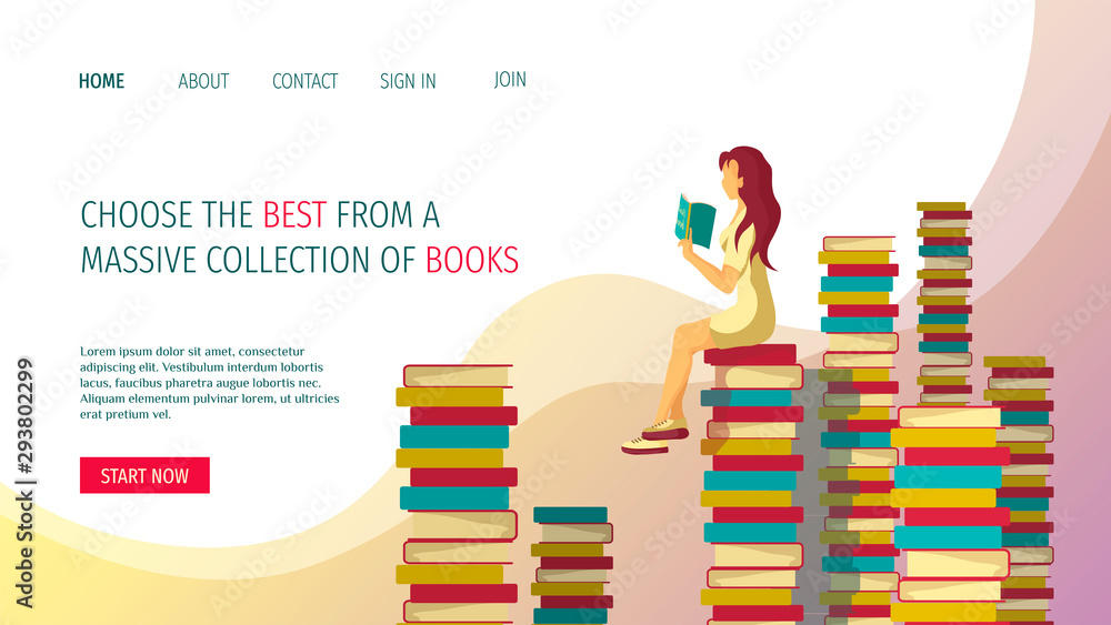 Web page design for bookstore, e-library, book lovers. Piles of books ...