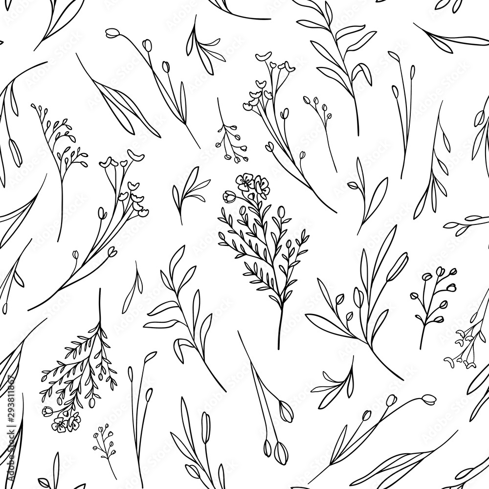 Wildflowers seamless pattern on white background. Botanical ...