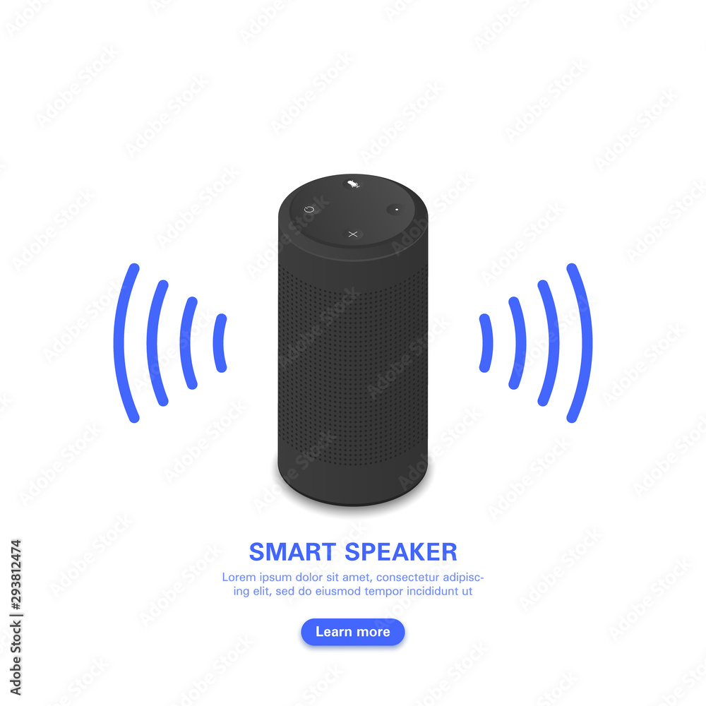 Smart voice assistant. Black portable loudspeaker on white background ...